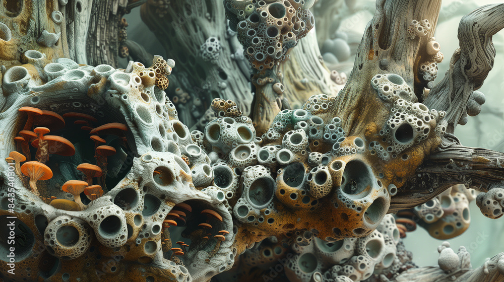 Complex, organic structures merge with fungi in a surreal, natural ...