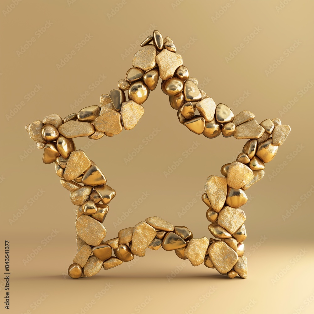 Gold star made of cute little rocks. Gold background, 3D render in the ...