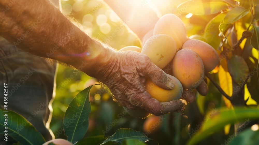 Farmer picking mangoes in sunset light - Close-up of a farmer's hands ...
