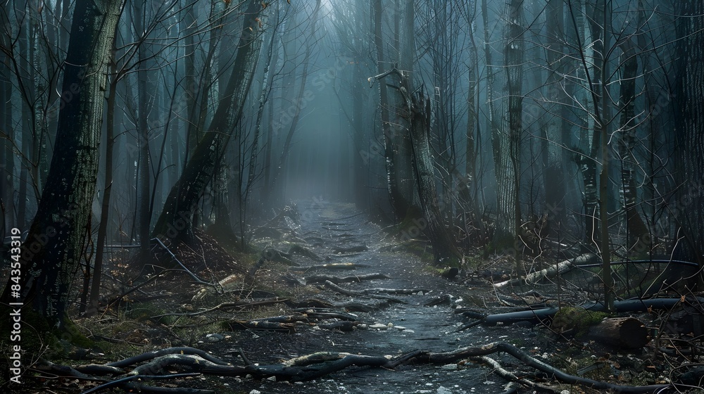 Eerie Twisted Forest Path in Mist with Scattered Debris and Unsettling ...