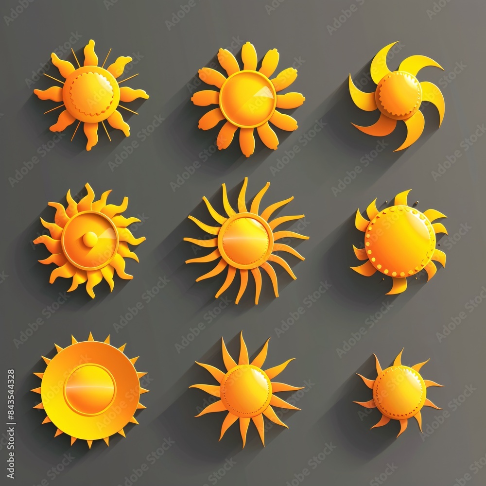 Bright 3D Sun Icons with Yellow Rays for Weather and Temperature ...