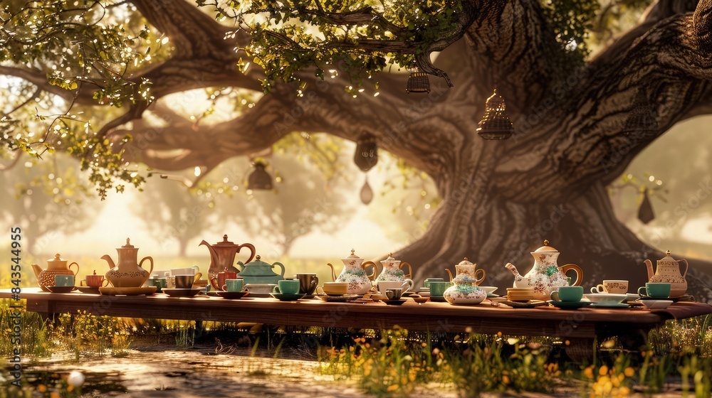 An enchanting tea party setup under a grand, ancient oak tree, with a ...