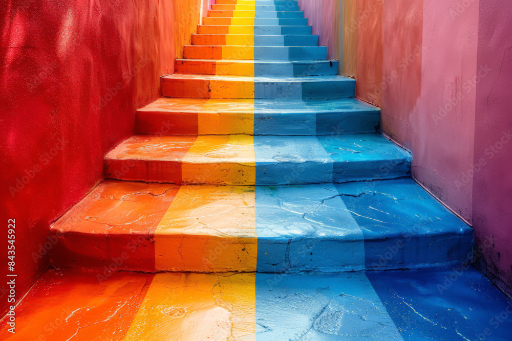 Set of stairs painted in the colors of the rainbow leading upwards ...