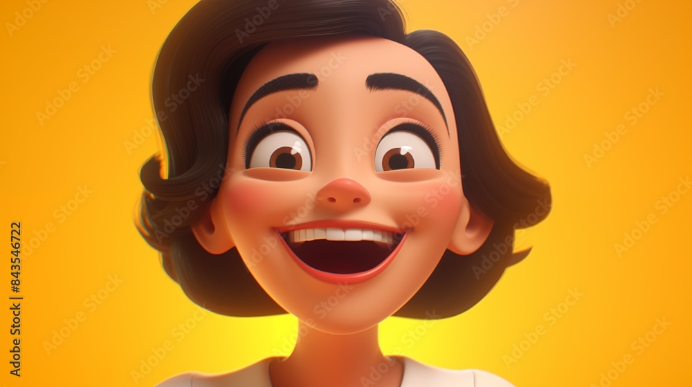 Expressive cartoon woman with happy face and mouth open, laughing with ...