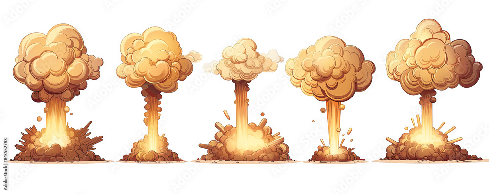 Five stages of a cartoon nuclear explosion, showcasing a detailed and ...