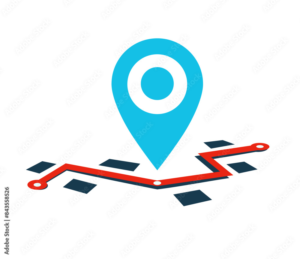 Waypoint marker on route from your location to destination. Concept guidebook, navigator in the ...