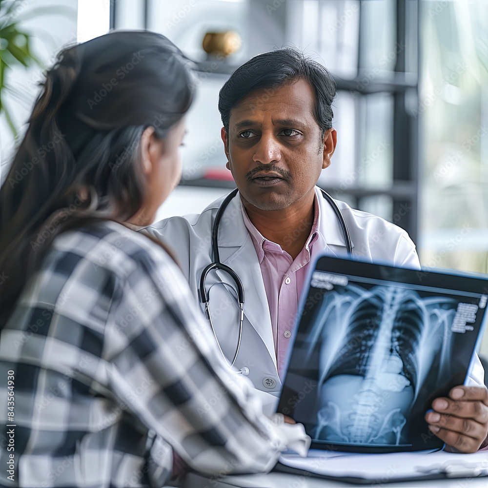 Doctor showing x-ray to patient. Doctor explaining x-ray to patient ...