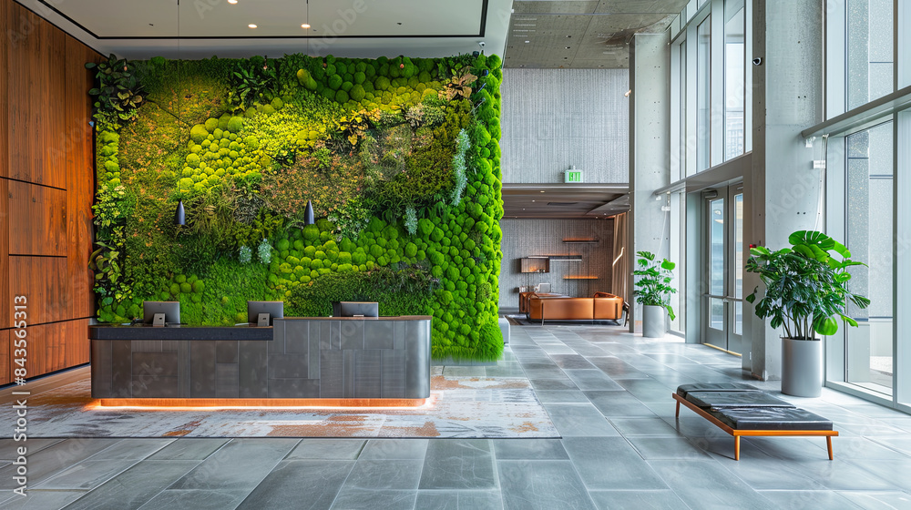 Interior of a hotel lobby with reception desk and green plants, 3D ...
