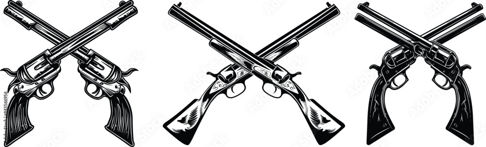 Illustration of crossed revolvers in cartoon style, vector set, Gun ...