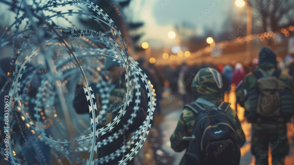 The spiral of people behind the wire fence, border guard and crowd ...