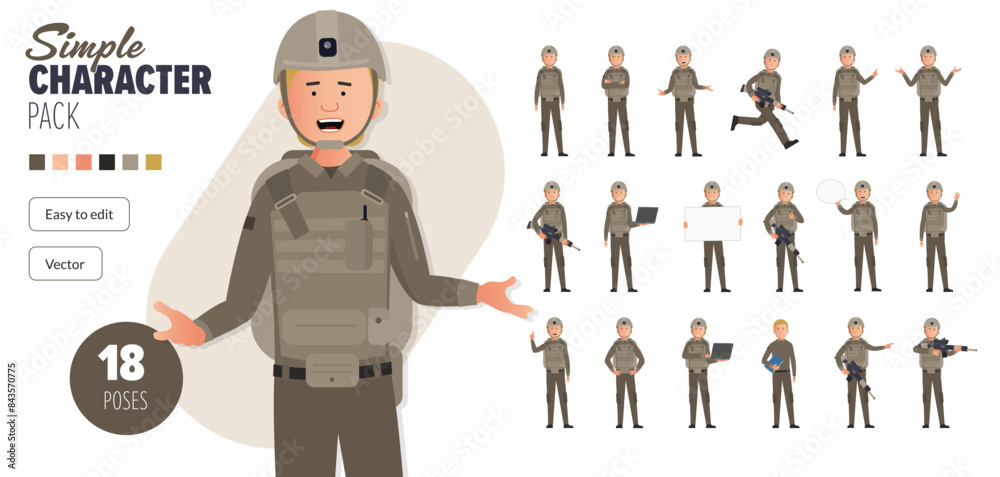 Simple flat female army infantry soldier vector character in a set of ...