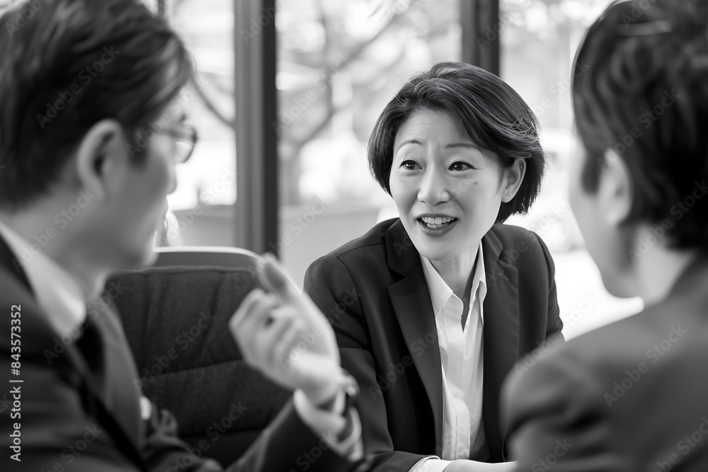 Japanese male female office worker their thirty sitting face toface ...