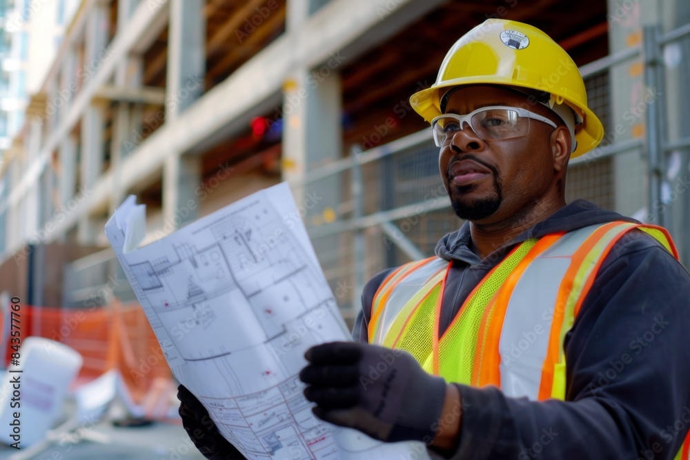 Construction worker wearing a safety helmet and reflective vest ...