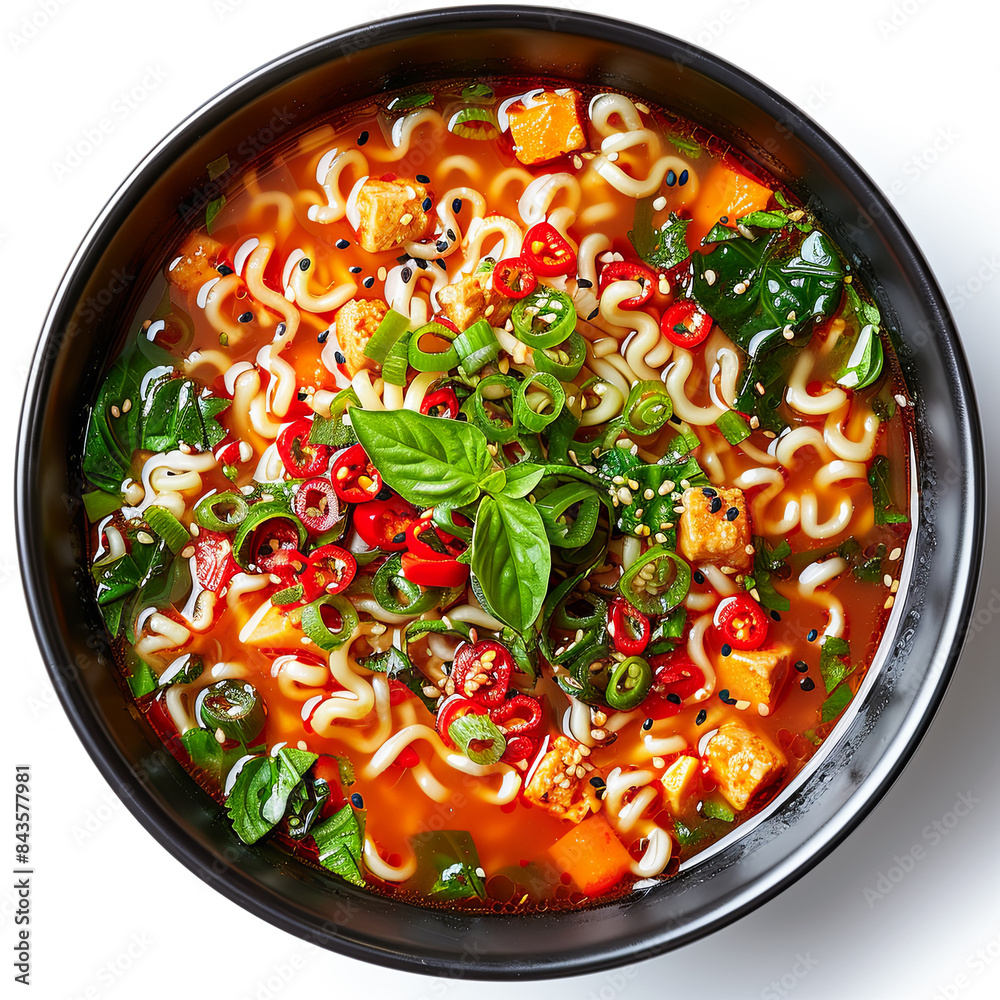 Instant noodles soup in bowl isolated on white background. Top view ...