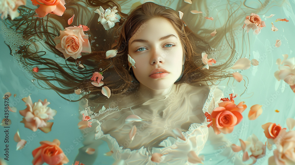 Beautiful woman with long hair floating in the water, surrounded by ...