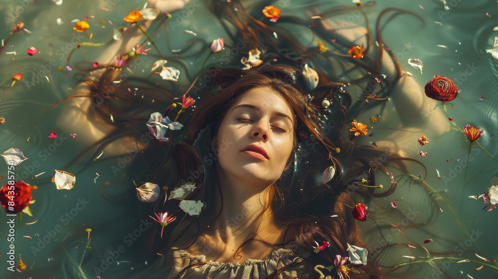 Beautiful woman with long hair floating in the water, surrounded by ...