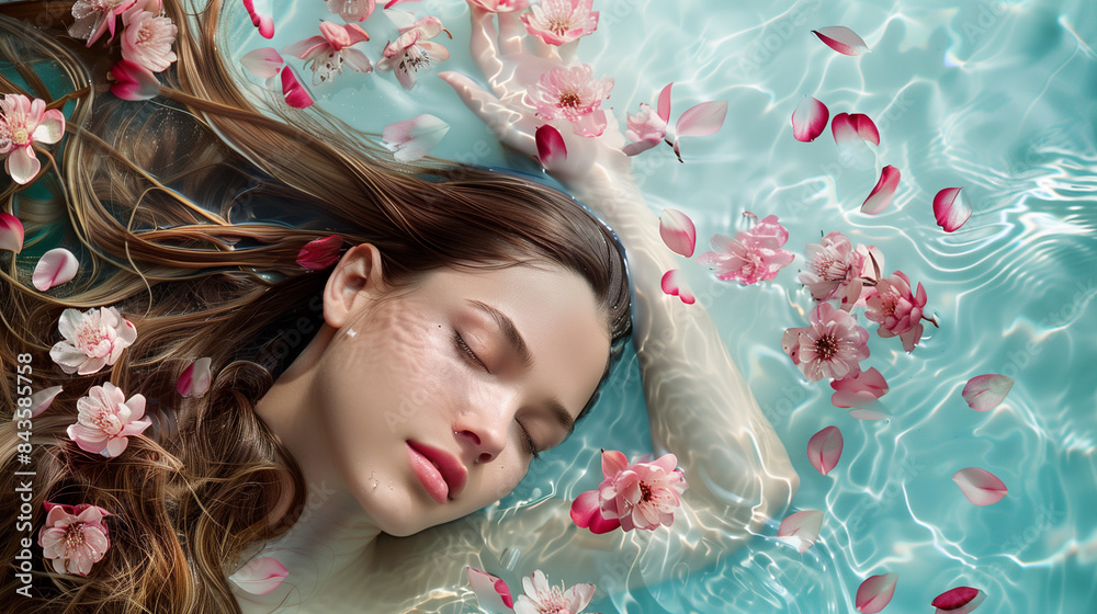Beautiful woman with long hair floating in the water, surrounded by ...
