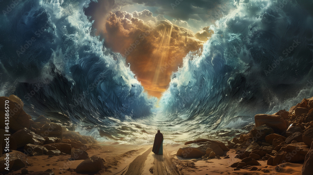A scene from the Bible where Moses divides the Red Sea in half ...