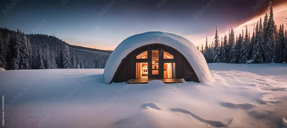 An Eskimo house, warmly lit, sits under the ethereal glow of the aurora ...