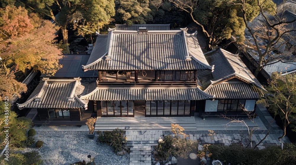 Traditional Japanese temple from above - Aerial view of a traditional ...