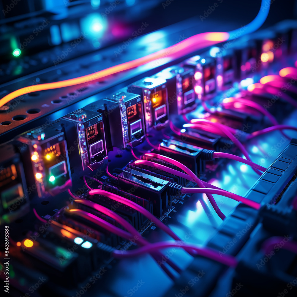 Vibrant Network Cables and Switches - Close-Up of Data Center Connectivity with Glowing LED ...
