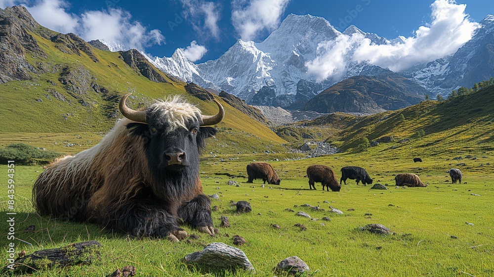 AI generator images of portrait of Yak bull with majestic horns grazing ...