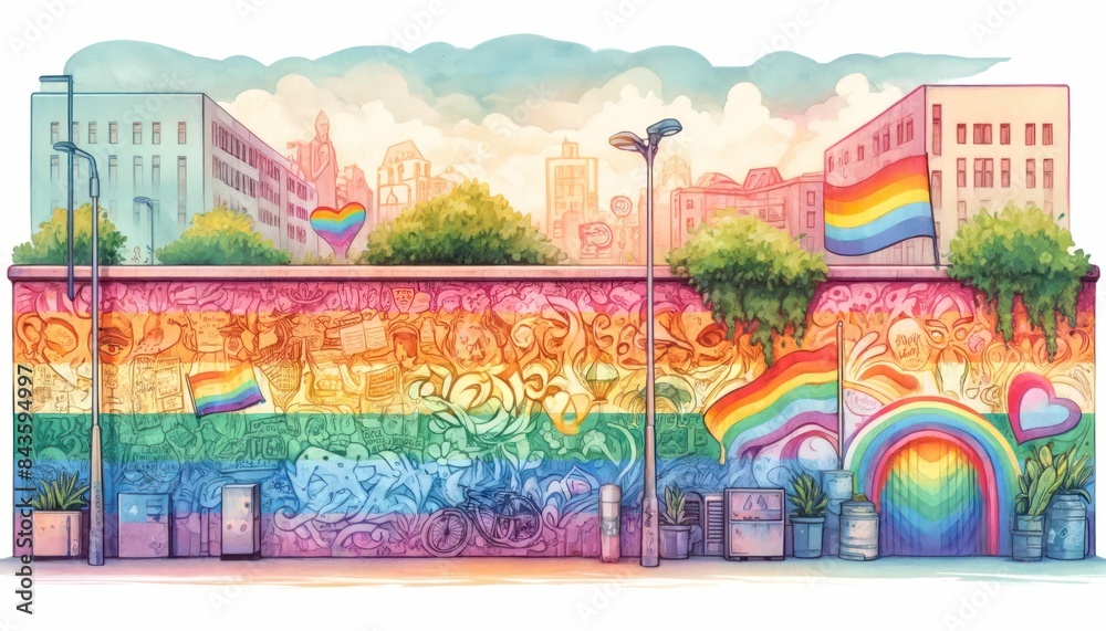 LGBTQ+ Pride Mural with Rainbow Flags and Heart Symbols on Urban Wall ...