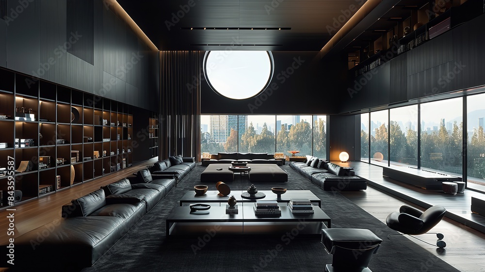 A modern interior design lounge with large windows offering a city view ...