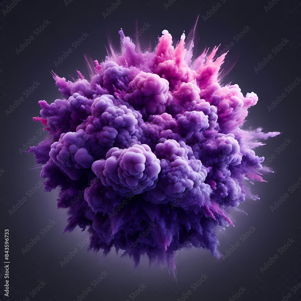 The image depicts a purple explosion of smoke, which is isolated on a ...