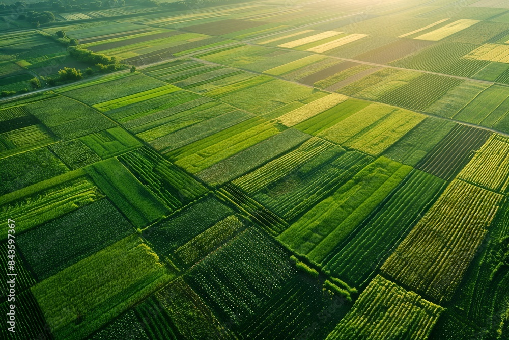 Aerial view of lush green agricultural fields and plantations ...