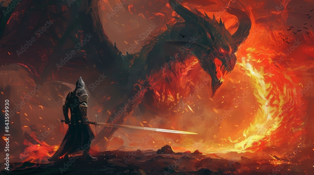 Knight with a sword facing the lava demon in hell, digital art style ...