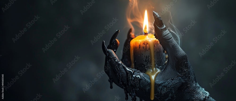 Creepy hands with black nails grasping a burning candle, wax dripping ...