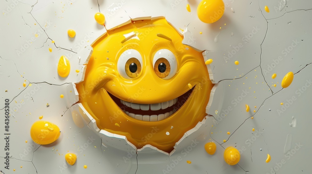 Smiley face with a broad smile, appearing to break through a cracked ...