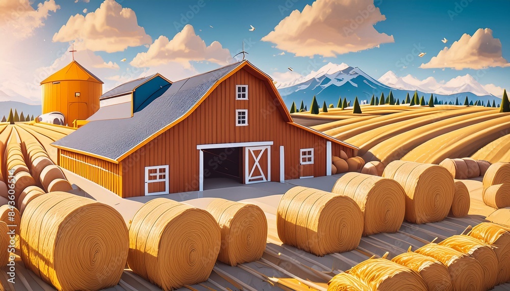 "Cartoon Farm Fun: Straw Bales and Hay Piles in a Colorful Barnyard ...