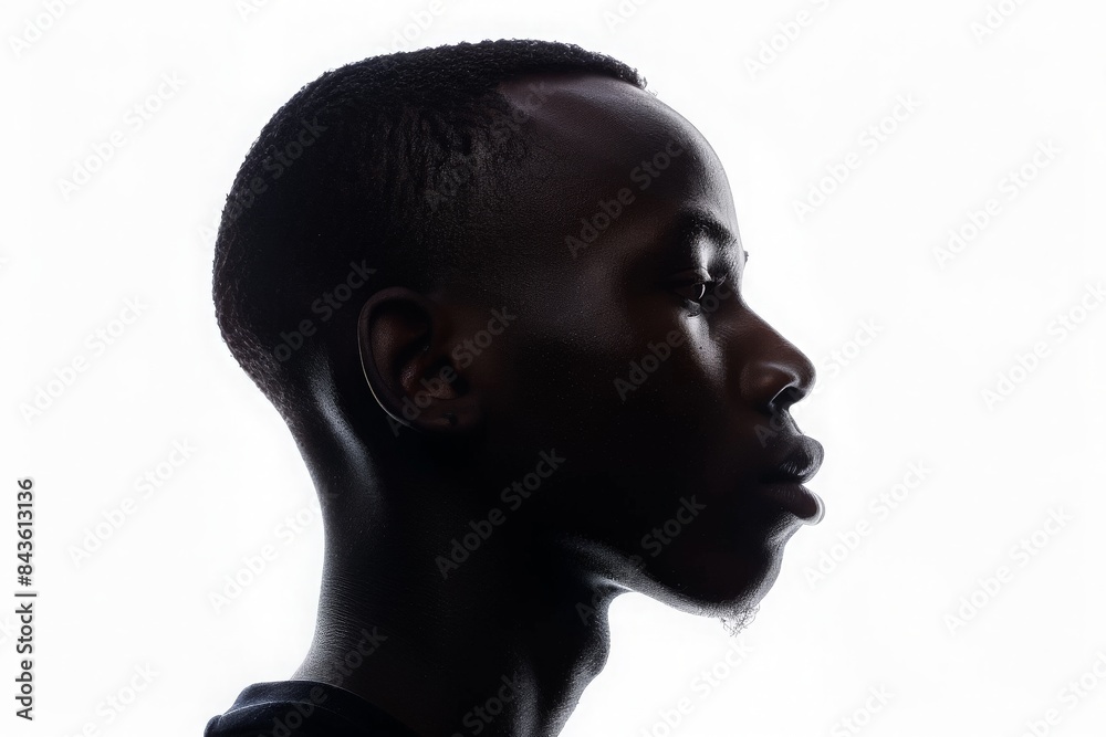 One African man portrait profile in silhouette isolated on white ...
