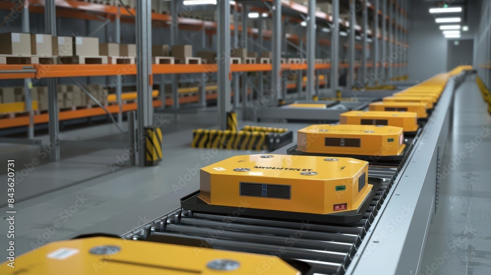 efficient parcel sorting robot system with amr and agv tilt tray technology in warehouse Stock ...