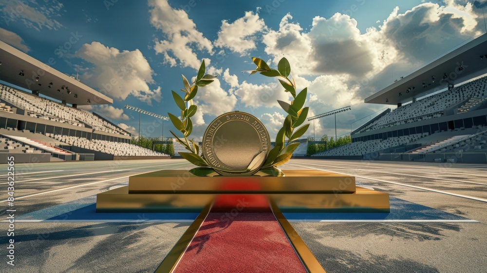 Victory on an open stadium podium adorned with a gleaming gold Olympic ...