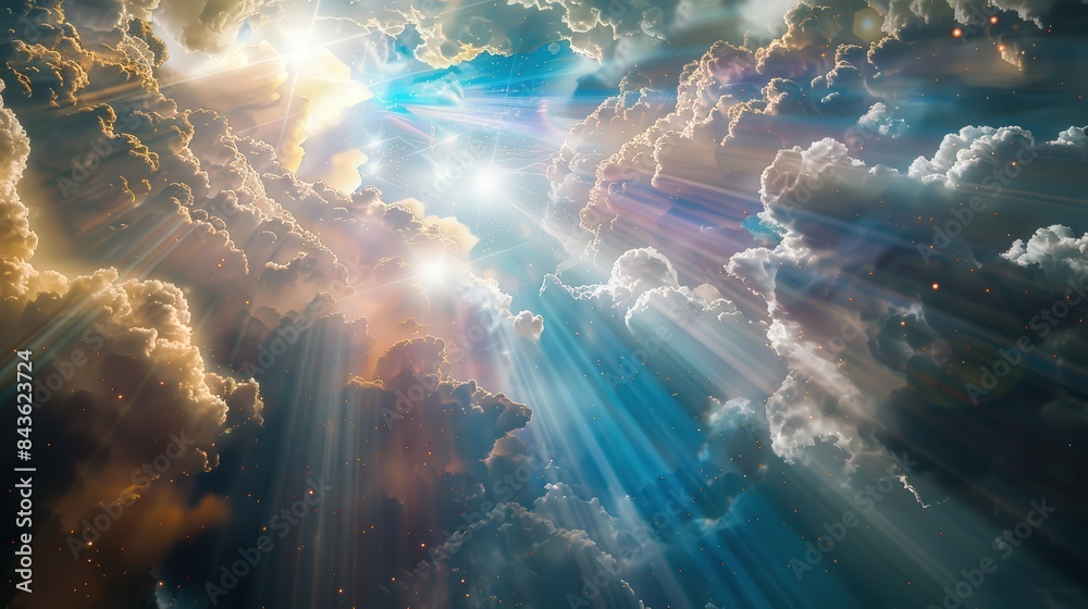 Divine light beams shining down from heaven, radiating God's boundless ...