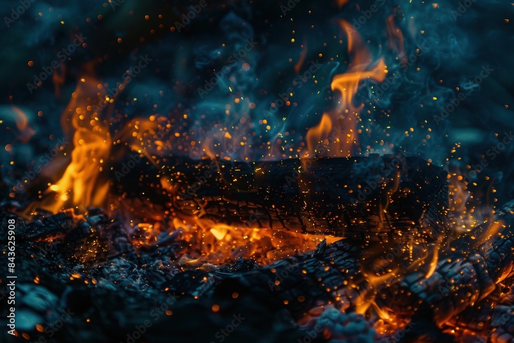 Burning wood at night. Campfire at touristic camp at nature in ...
