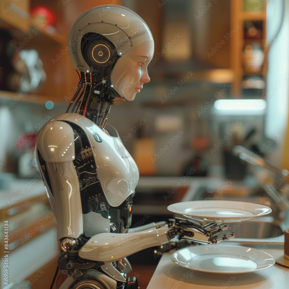 A robot working as a barista at Starbucks coffee shop. Ai artificial ...