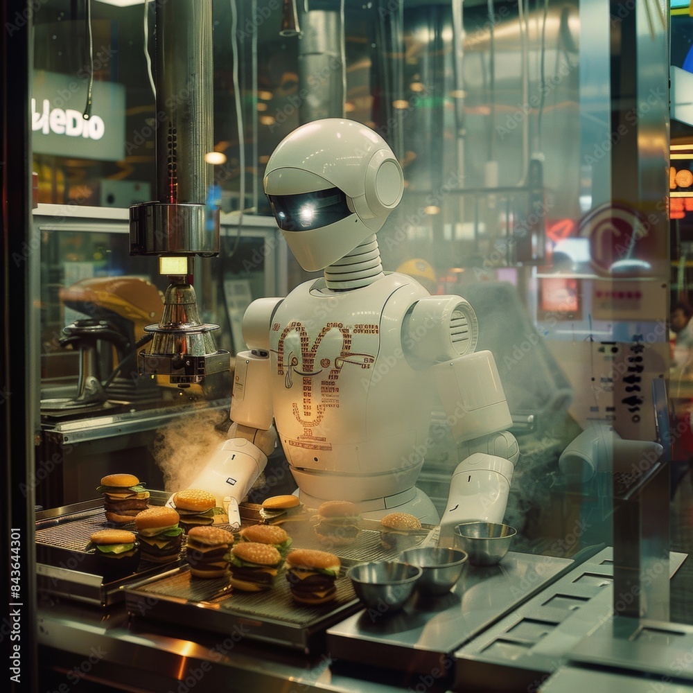 A robot working the register counter at a modern hamburger stand. Ai ...