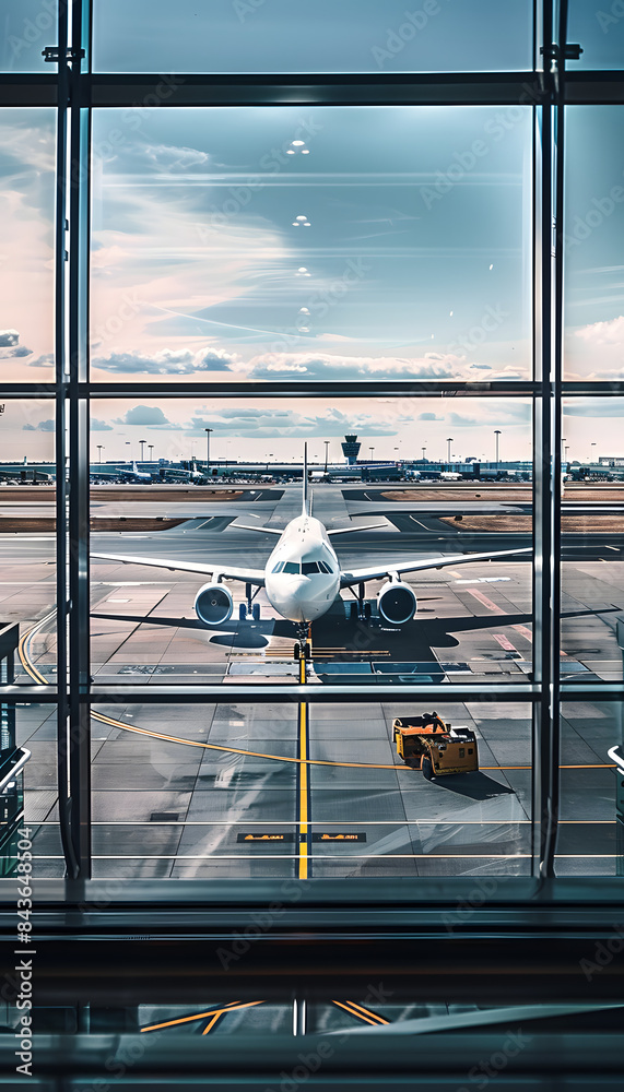 pista de aterrizaje con avión estacionado, desde dentro de la terminal ...