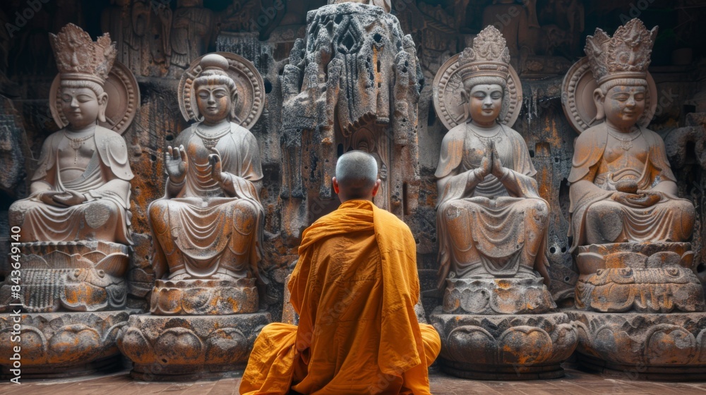 Caucasian monk in a Chinese monastery prays at an ancient wall with ...