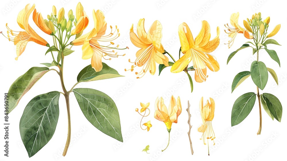 Watercolor botanical illustration of yellow honeysuckle lonicera ...