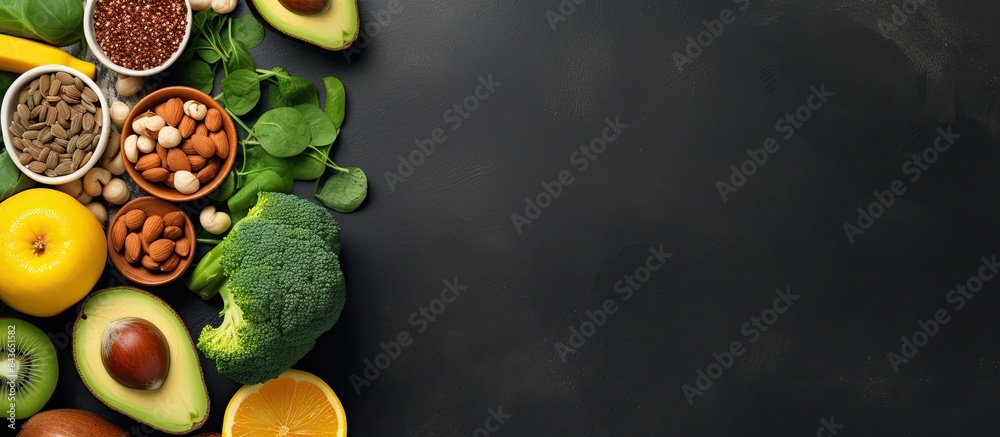 Top view of healthy food sources of folic acid rich in vitamin B9 with ...