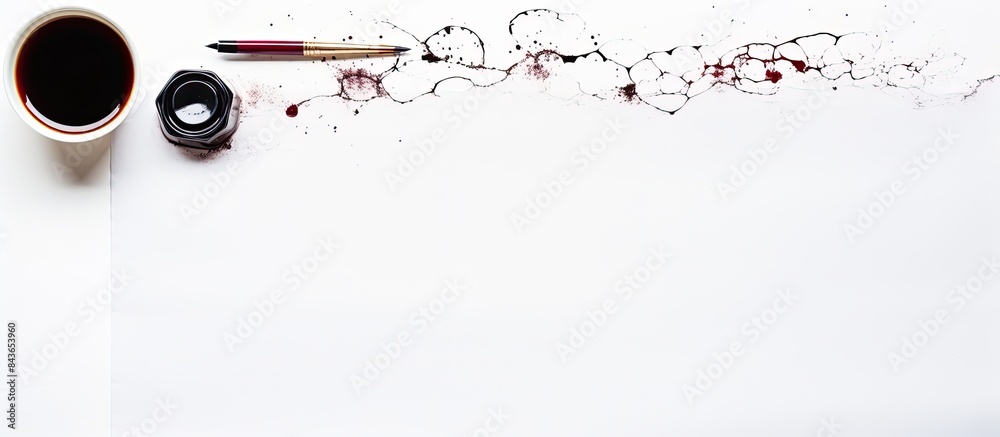 ink stain drawn with an ink pen on a white paper sheet with inkwell ...