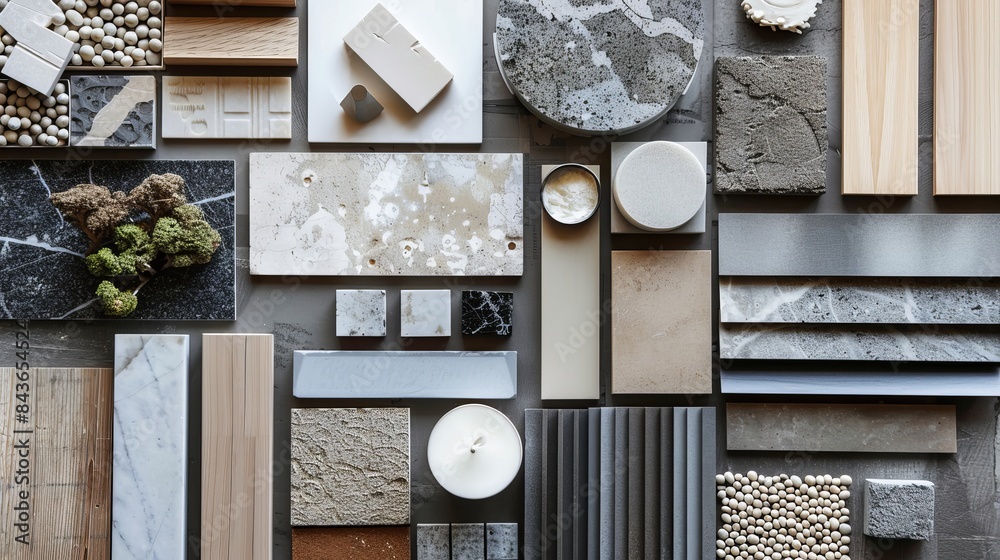 A textures mood board displays material samples for interior design ...