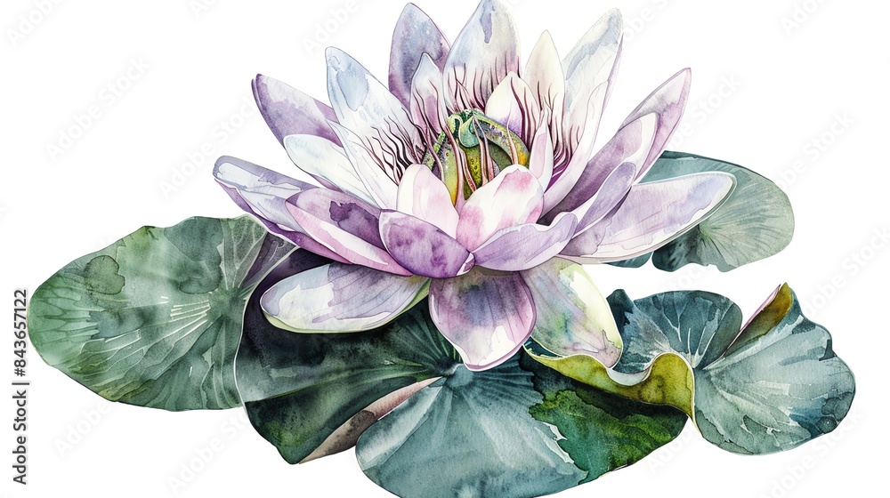 Watercolor illustration of a delicate lotus flower with green lily pads ...