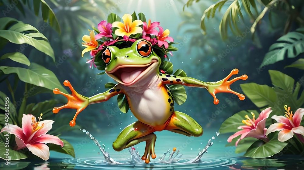 Cartoon frog jumping on the water against the backdrop of the ...