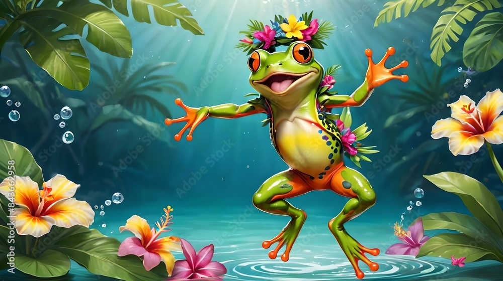Cartoon frog jumping on the water against the backdrop of the ...
